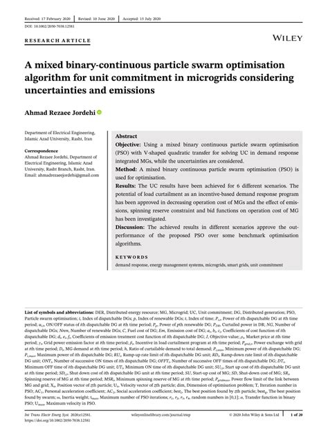 pdf a mixed binary‐continuous particle swarm optimisation algorithm for unit commitment in