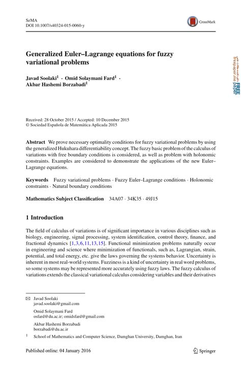pdf generalized euler lagrange equations for fuzzy variational problems