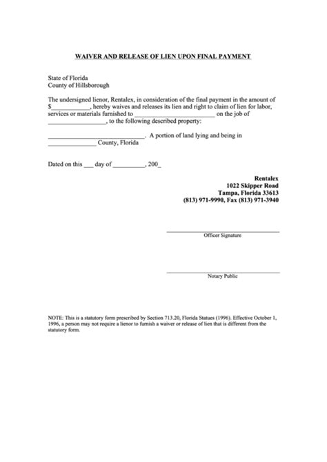 Fillable Waiver And Release Of Lien Upon Final Payment Printable Pdf