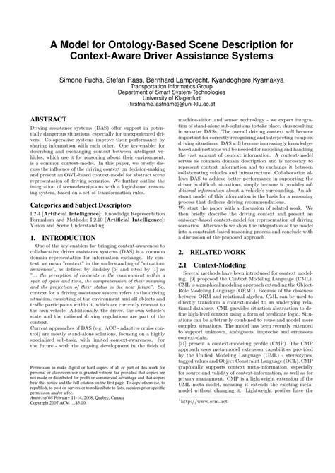pdf a model for ontology based scene description for context aware driver assistance systems