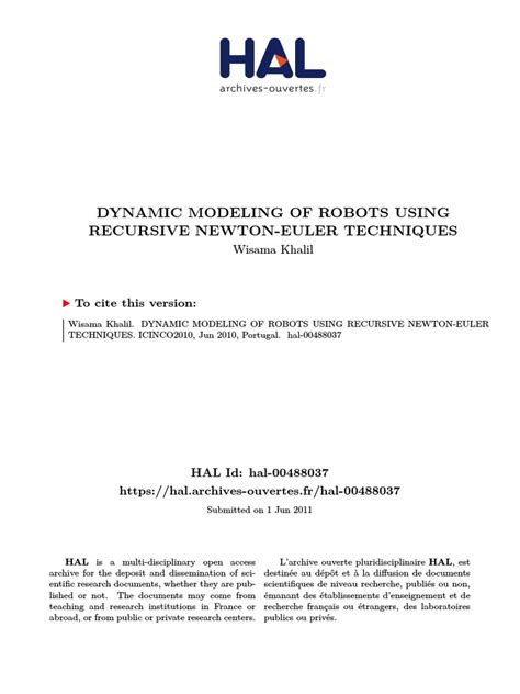 dynamic modeling of robots using recursive newton euler techniques pdf kinematics