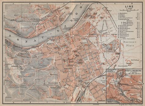 Linz Vintage Town City Plan Stadtplan Austria Sterreich Karte