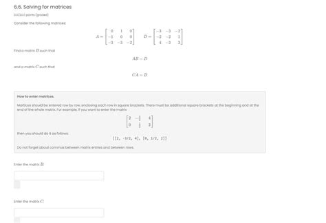solved 6 6 solving for matrices 0 0 20 0 points graded