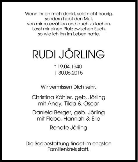 Traueranzeigen von Rudi Jörgling Trauer in NRW de