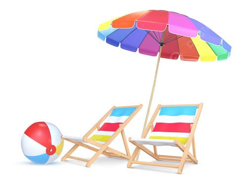 3d Rendering Summer Colorful Beach Umbrella Chairs And Ball Summer Beach Summer Sea Png