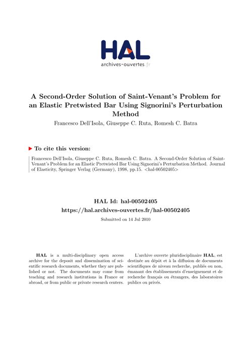 pdf a second order solution of saint venant s problem for an elastic pretwisted bar using