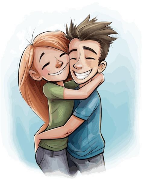 포옹하는 커플과 포옹하는 남자의 만화 그림 프리미엄 벡터