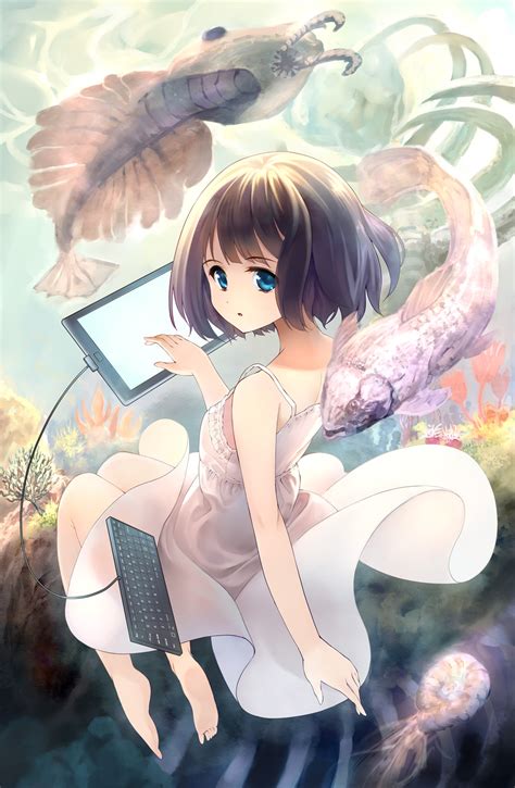 Safebooru 1girl Anomalocaris Bare Shoulders Barefoot Black Hair Blue Eyes Darwins Game