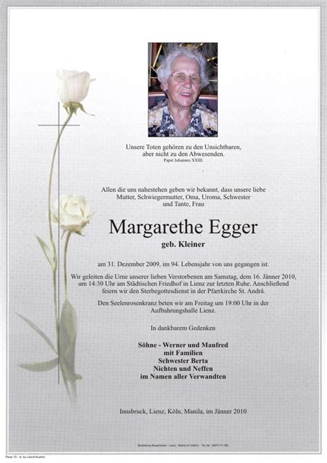Todesanzeige Margarethe Egger Trauer Link