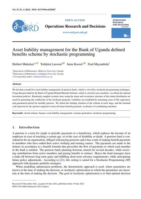 pdf asset liability management for the bank of uganda defined benefits scheme by stochastic