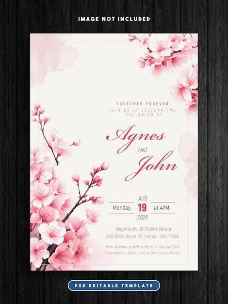 Tarjeta de invitación de boda de flor de cerezo en acuarela minimalista