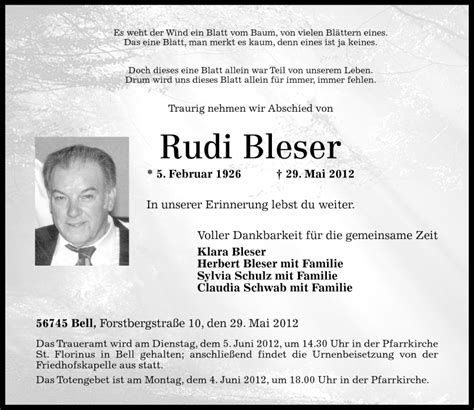Traueranzeigen Von Rudi Bleser Rz Trauer De
