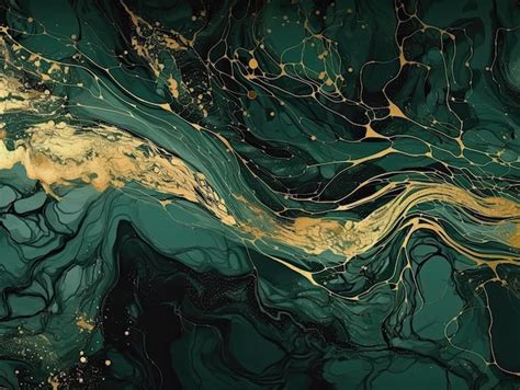 Premium Photo A Green And Gold Abstract Painting With Gold Paint And