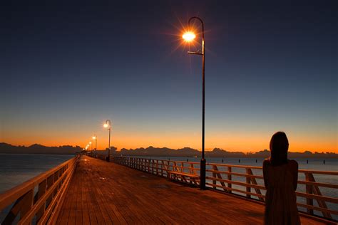 Sunlight Street Light Women Sunset Sea Night Reflection Sky