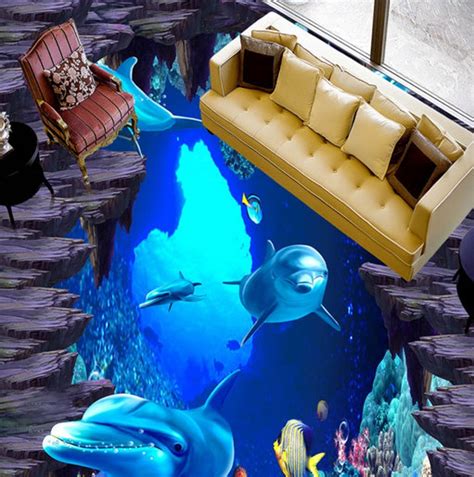 3D Dolphin Wave F772 Floor Wallpaper Murals Self Adhesive Etsy