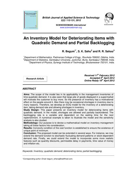 pdf an inventory model for deteriorating items with quadratic demand and partial backlogging