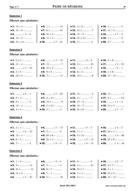Calcul mental 6ème Exercices corrigés Mathématiques Collège
