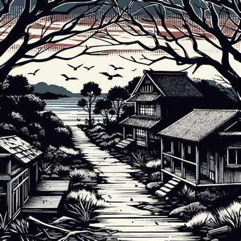 Premium Vector Monochrome Illustration Of Traditional Japanese Village