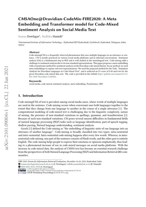 pdf cmsaone dravidian codemix fire2020 a meta embedding and transformer model for code mixed
