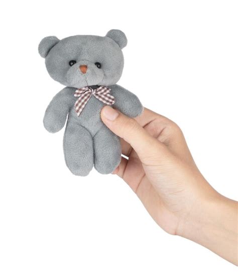 Mão segurando lindo ursinho de pelúcia brinquedos de pelúcia pequena