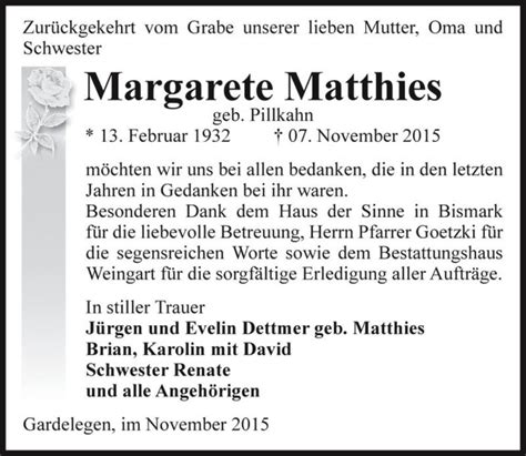 Traueranzeigen Von Margarete Matthies Geb Pillkahn Abschied