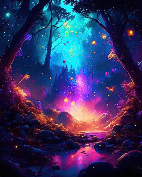 Árbol mágico en colores vibrantes de bosque encantado en un estilo neón