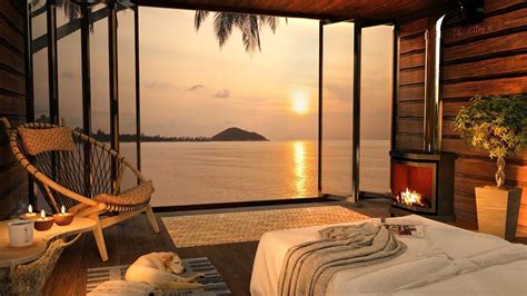 Summertime Sunset Cozy Cabin Ambience With Relaxing Ocean Waves Sounds