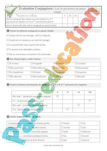 Les 3e personnes du passé simple au Cm1 Evaluation QCM Quiz PDF