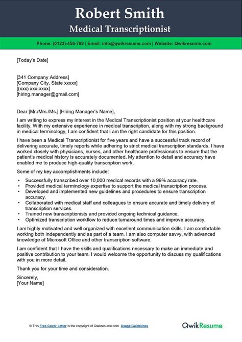 Medical Transcriptionist Cover Letter Examples Qwikresume