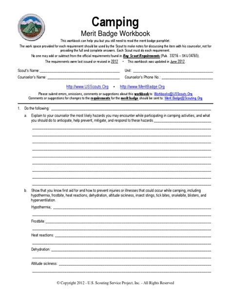 Camping Merit Badge Workbook PDF Boy Scouts Of America Camping
