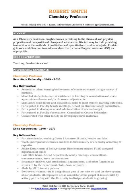 Chemistry Professor Resume Samples Templates For