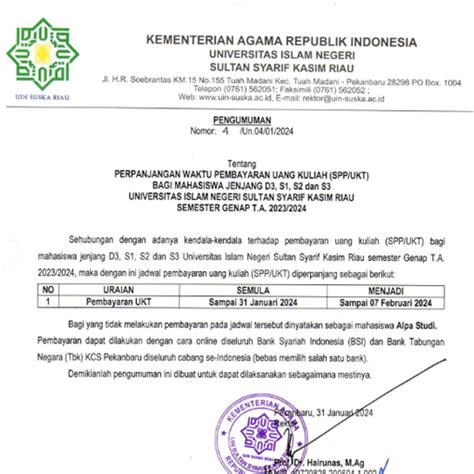 Perpanjangan Waktu Pembayaran Uang Kuliah Spp Ukt Semester Genap
