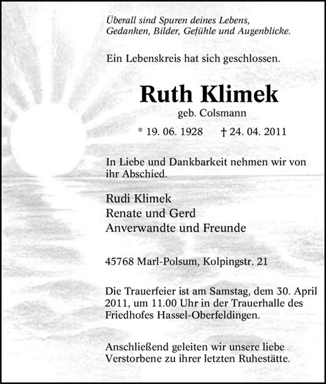 Traueranzeigen Von Ruth Klimek Trauer In NRW De