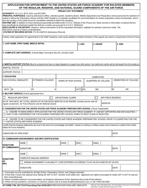 AF Form 1786 Application For Appointment To The United States Air