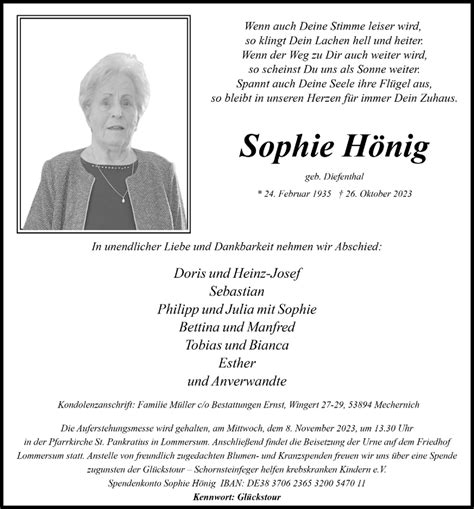 Traueranzeigen von Sophie Hönig WirTrauern