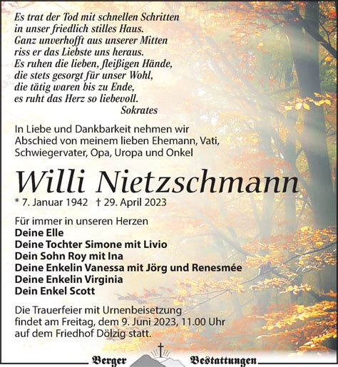 Traueranzeigen Von Willi Nietzschmann Trauer Anzeigen De