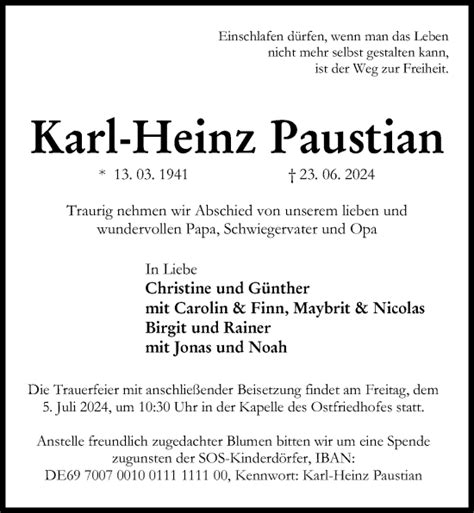 Traueranzeigen Von Karl Heinz Paustian Trauer Anzeigen De