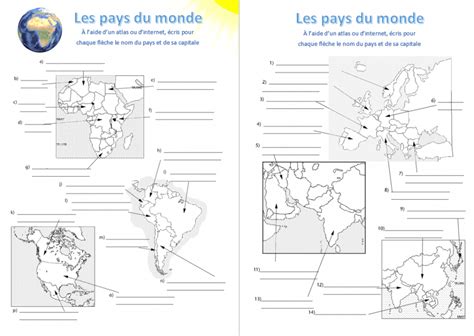 Géographie carte des pays du monde Compléter le nom des pays et leur