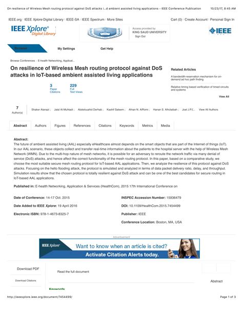 pdf on resilience of wireless mesh routing protocol against dos attacks in iot based ambient