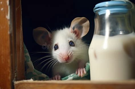 Mouse Peeking Out From Behind A Milk Bottle In The Fridge Stock Image