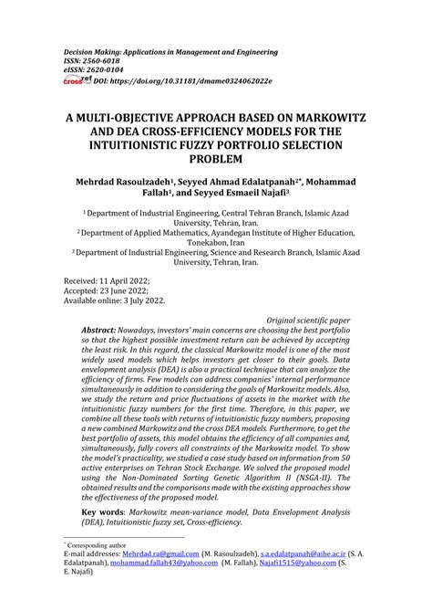 pdf a multi objective approach based on markowitz and dea cross efficiency models for the