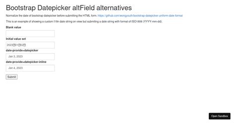 Bootstrap Datepicker Uniform Date Format Examples Codesandbox