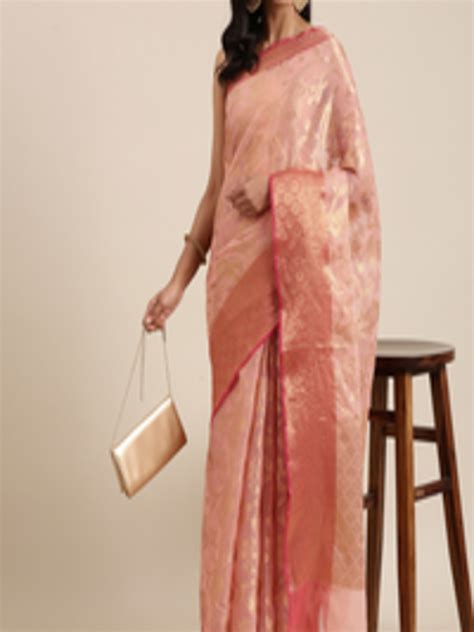 Buy Geroo Jaipur Peach Coloured Golden Ethnic Motifs Zari Silk Cotton