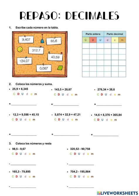 Ficha de Sumas y restas con decimales para 5º Multiplicación de
