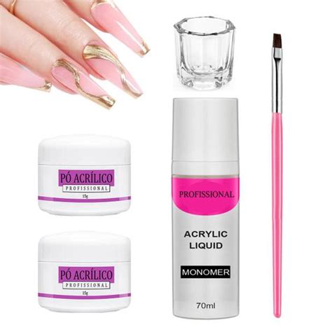 Kit 2 Pó Acrilico Liquido Monomer Pincel Porcelana Para Unhas Em