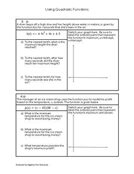 Differentiated Worksheet Quadratic Function Word Problems Tpt