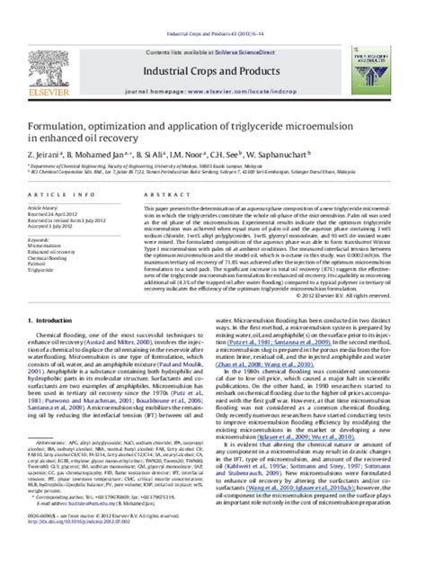 pdf formulation optimization and application of triglyceride microemulsion in enhanced oil