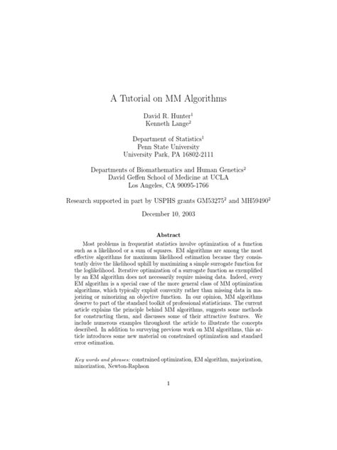 an introduction to the powerful and versatile mm optimization algorithm class for statistical