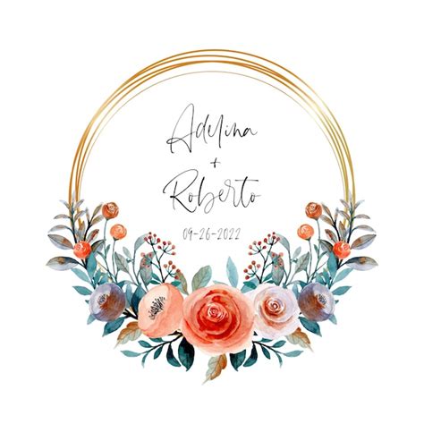 Couronne De Fleurs Aquarelle Avec Cercle Doré Vecteur Premium