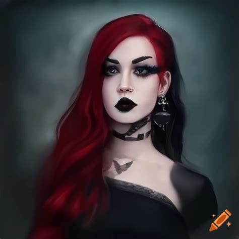 Portrait Of A Pale Goth Girl With Green Eyes Long Red Black Hair Black Lipstick And Glasses